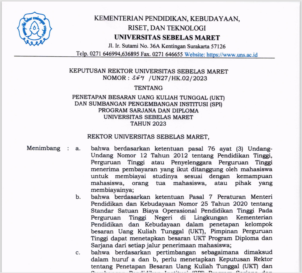 SK REKTOR TENTANG UKT DAN SPI – Keuangan UNS